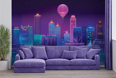 Neon Night City Wall Mural Glowing Skyline Removable Wallpaper Peel And