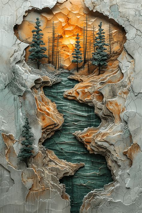 An Abstract Mixed Media Assemblage Of A River Over A Dry Landscape