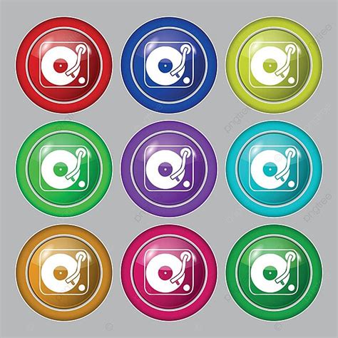 Vector Set Of Nine Colorful Round Buttons Featuring A Gramophone And