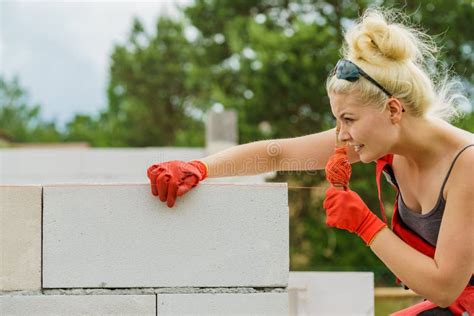 Woman Using String As Level In Wall Construction Stock Image Image Of Brickwork Construction