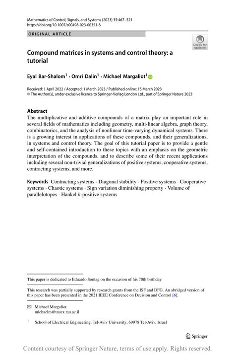 Compound Matrices In Systems And Control Theory A Tutorial