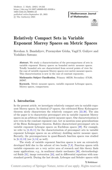 Pdf Relatively Compact Sets In Variable Exponent Morrey Spaces On Metric Spaces