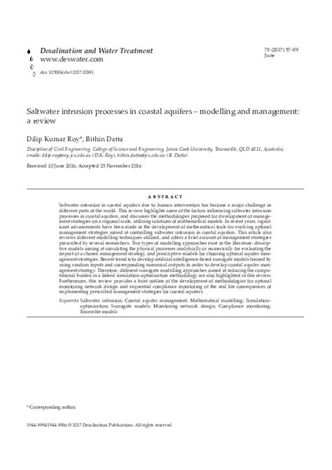 Pdf Saltwater Intrusion Processes In Coastal Aquifers Modelling And