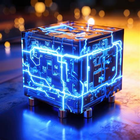 Premium Ai Image Luminous Electronic Cube Illuminating A Metallic Surface With Intricate Circuitry