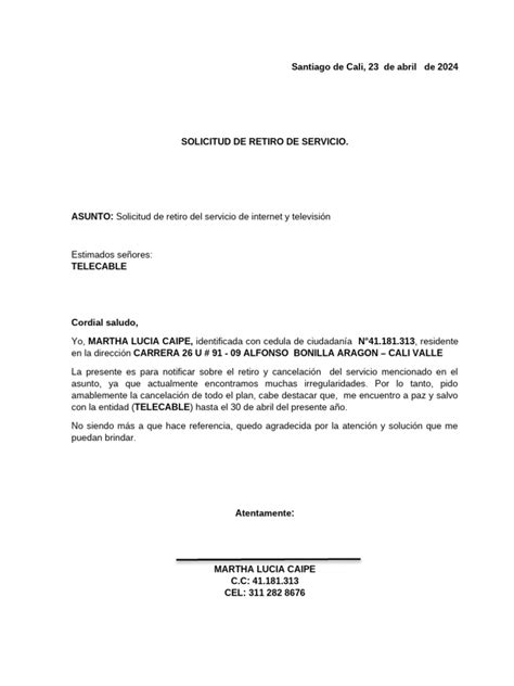 Solicitud De Cancelación De Servicios Pdf