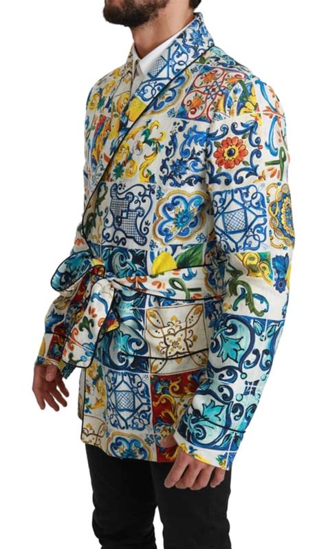Dolce And Gabbana Mannen Majolica Brokaat Linnen Robe Coat Jas