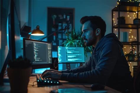 Premium Photo Software Developer Immersed In Coding On A Dualmonitor
