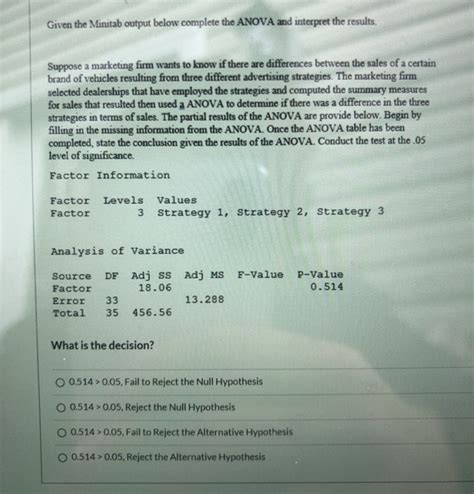 solved given the minitab output below complete the anova and