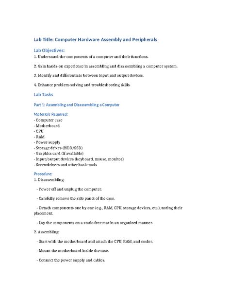 Computer Hardware Assembly Lab Cse 101 Hands On Guide And Tasks