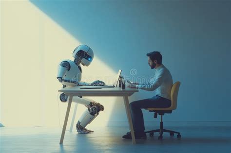 Collaboration Between Human And Robot At A Modern Workspace On A Project During Daylight