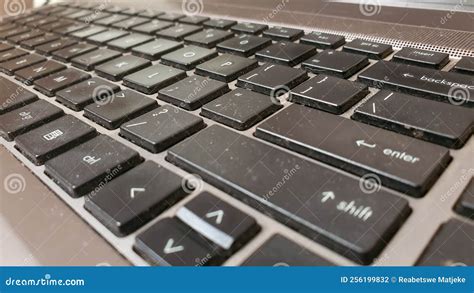 Close Up On A Black Dirty Dusty Laptop Keyboard Unhygienic Work Tech Equipment Concept Stock