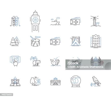 웰빙 관광 개요 아이콘 컬렉션입니다 웰빙 관광 건강 휴가 휴양지 휴식 모험 벡터 및 일러스트레이션 개념 세트 탈출 요가 피트니스