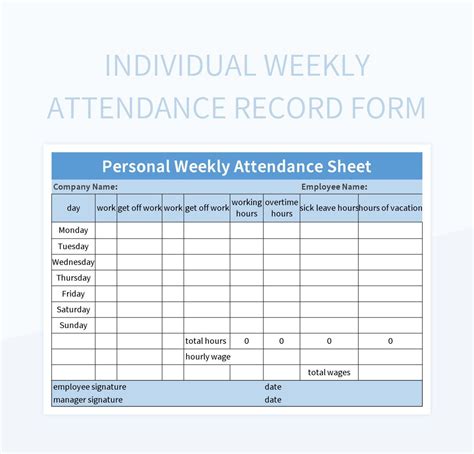 Individual Weekly Attendance Record Form Excel Template And Google Sheets File For Free Download