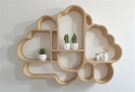 Cloud Shaped Wooden Shelf Holding Potted Plants Decorating A White Wall