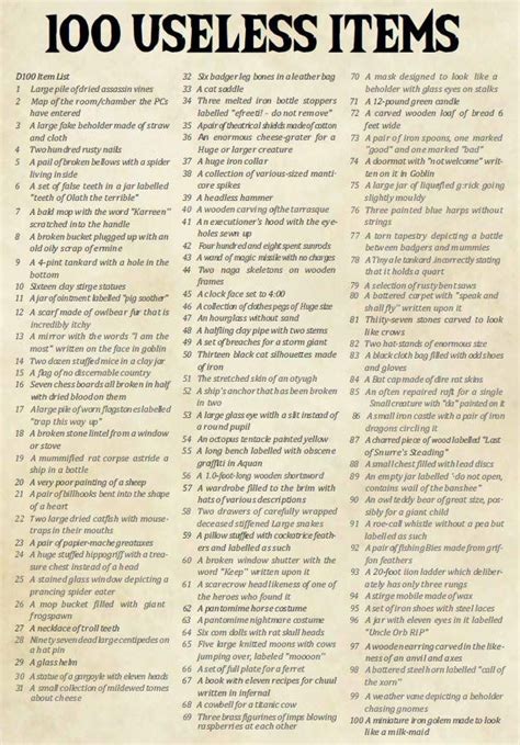 100 Useless Items Table Rgamemastershere