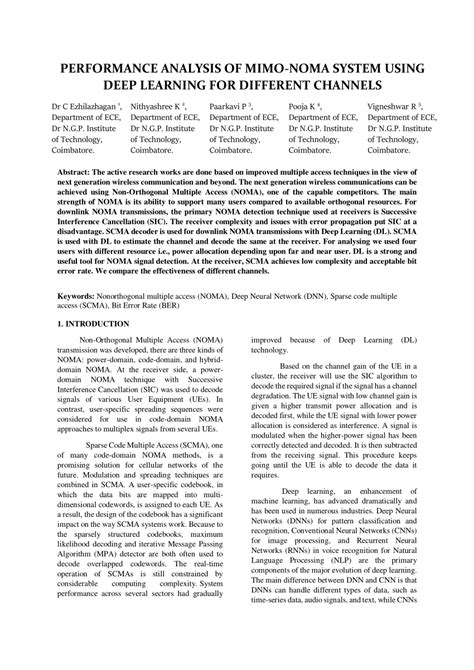 PDF PERFORMANCE ANALYSIS OF MIMO NOMA SYSTEM USING DEEP LEARNING FOR DIFFERENT CHANNELS