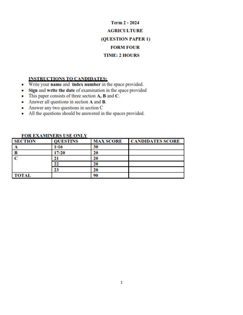 2024 Form 4 Agriculture Paper 1 2 End Term 2 Examinations With Marking