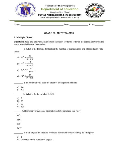 Summative Test In Permutation Pdf Permutation Mathematics