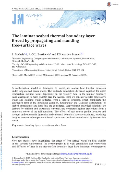 Pdf The Laminar Seabed Thermal Boundary Layer Forced By Propagating And Standing Free Surface