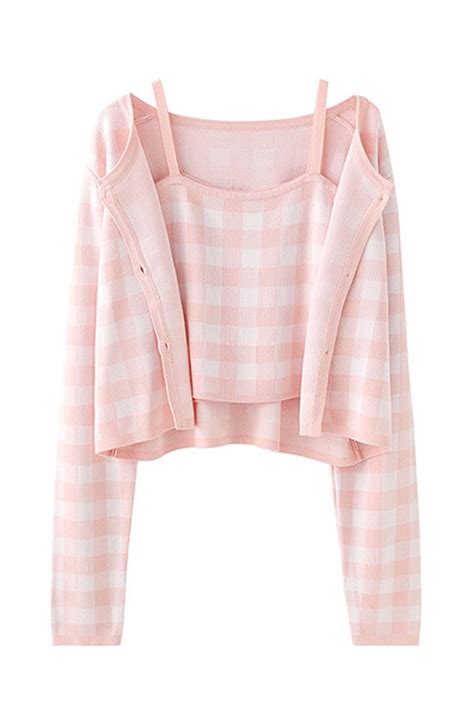 파스텔체크 슬링탑and가디건 Set 옐로우블루핑크