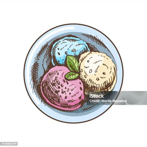 접시에 아이스크림 공의 손으로 그린 컬러 스케치 평면도 빈티지 그림입니다 라벨 포장 및 엽서 디자인을위한 요소 0명에 대한 스톡 벡터 아트 및 기타 이미지 Istock