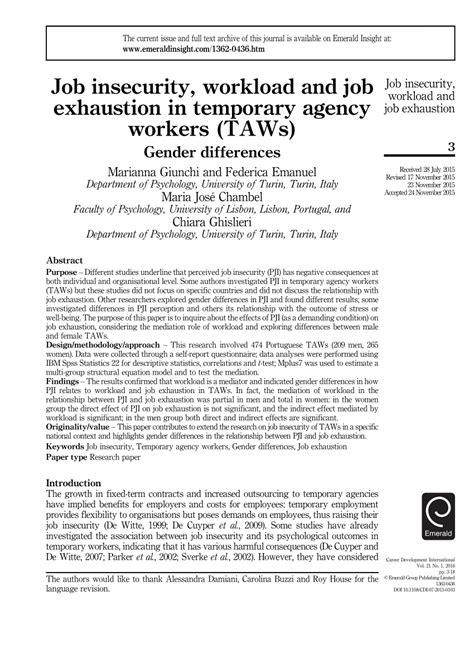 Pdf Job Insecurity Workload And Job Exhaustion In Temporary Agency Workers Taws Gender