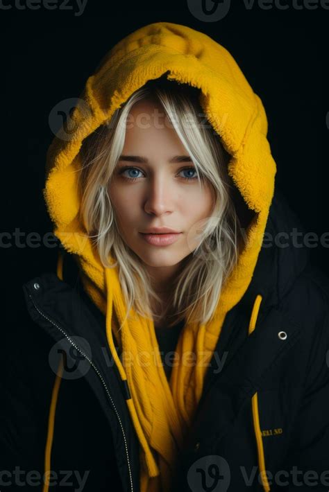 A Beautiful Blonde Woman In A Black Jacket And Yellow Hoodie Generative