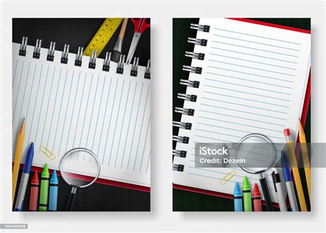 학교로 돌아가기 광고 및 홍보에 사용 되는 텍스트에 대 한 공간을 가진 칠판 배경 노트북으로 포스터 세트 템플릿 메모장에 대한 스톡 벡터 아트 및 기타 이미지 Istock