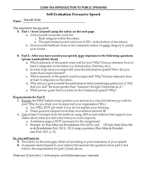 Persuasive Speech Self Evaluation Comx 111a Introduction To Public
