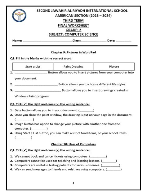 Grade 2 Computer Science Final Worksheet Unsolved Pdf