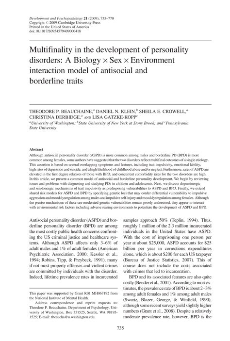 Pdf Multifinality In The Development Of Personality Disorders A