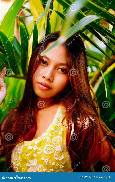 Belle Fille Asiatique Attirante Avec De Longs Cheveux Posant Dans La Jungle Image Stock Image
