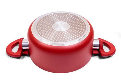 Modern Red Pan With Non Stick Coating On A White Background Stock