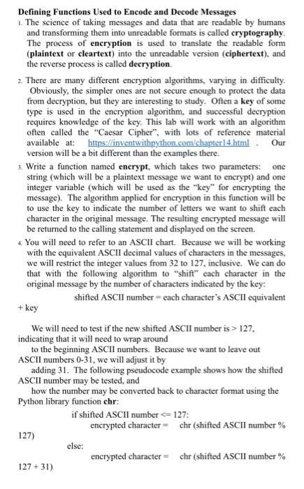 Solved Defining Functions Used To Encode And Decode Messages