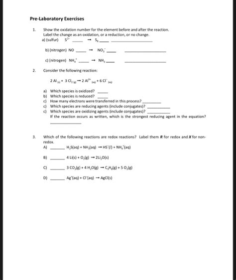 Solved Pre Laboratory Exercises Show The Oxidation Number Chegg Com