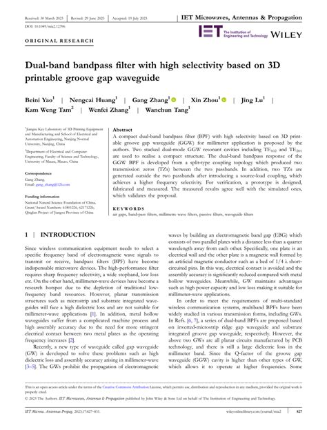 Pdf Dual‐band Bandpass Filter With High Selectivity Based On 3d Printable Groove Gap Waveguide