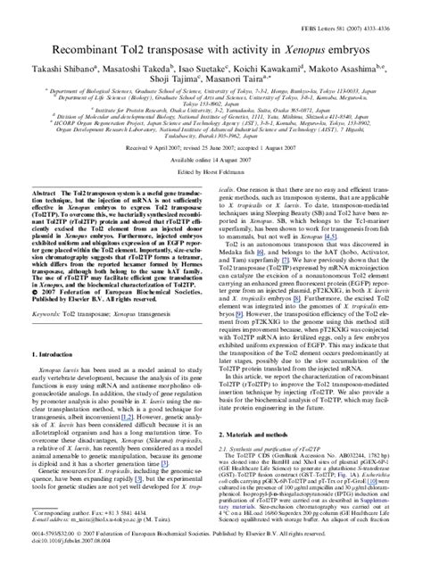Pdf Recombinant Tol2 Transposase With Activity In Xenopus Embryos