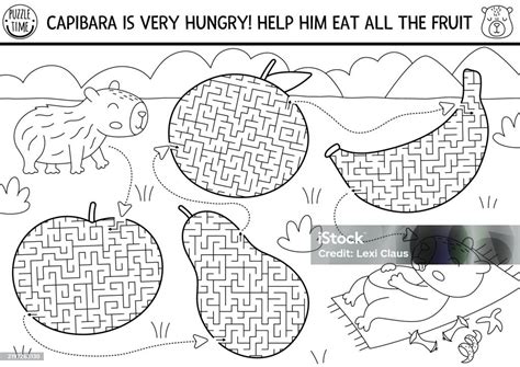 Capybara 흑인과 백인 미로 아이들 기하학적 과일 배고픈 카피바라 유치원 자연 풍경과 함께 인쇄 가능한 활동 미로 게임