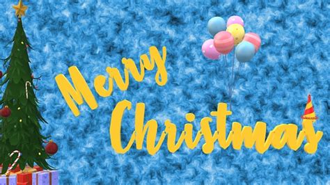 Yellow Merry Christmas Text With Symbols On Blue Cloudy Background