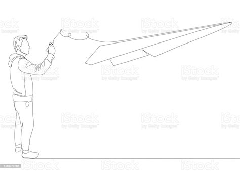 종이비행기를 손가락으로 가리키는 남자의 연속적인 선 가는 선 그림 벡터 개념입니다 등고선 그리기 창의적인 아이디어 날기에 대한 스톡 벡터 아트 및 기타 이미지 Istock