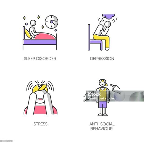 정신 장애 색상 아이콘 설정 수면 부족 우울증과 불안 스트레스 반사회적 행동 편두통 십대 괴롭힘과 왕따 격리된 벡터 일러스트레이션 불면증에 대한 스톡 벡터 아트 및 기타