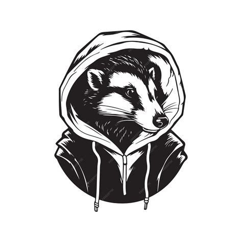 까마귀 빈티지 로고 라인 아트 개념 흑백 색상 손으로 그린 그림을 입고 스컹크 프리미엄 벡터
