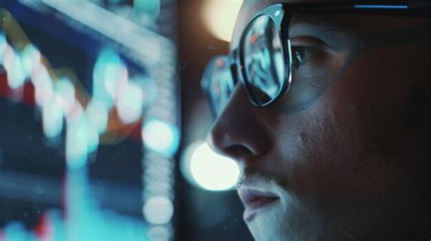 A closeup of a person wearing glasses focused intently on a computer screen displaying complex ...