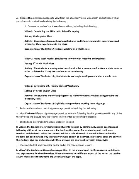 Dim3 Task 3 Task 3 A Choose Three Classroom Videos To View From The Attached “task 3 Video
