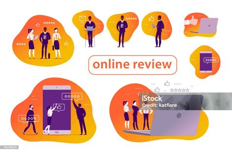 온라인 검토와 개념 디자인의 벡터 집합입니다 노트북 태블릿 스마트 폰사무실 사람들이 모바일 장치 화면에 보고 서 있다 다양에 대한 스톡 벡터 아트 및 기타 이미지 Istock