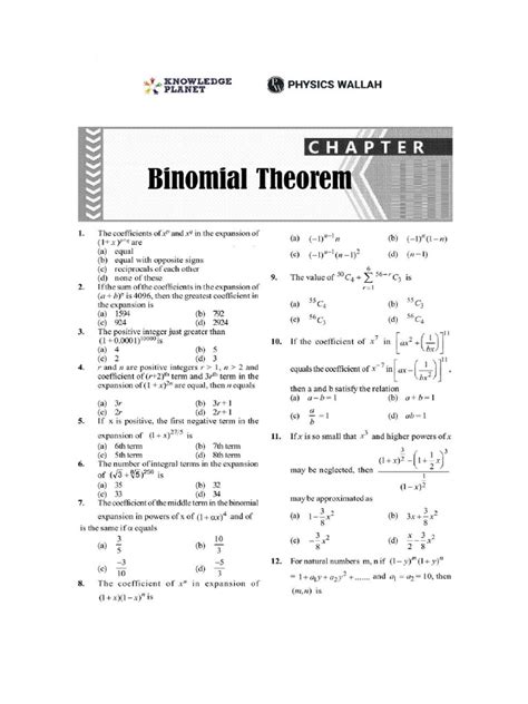 Binomial Theorem Homework Pdf