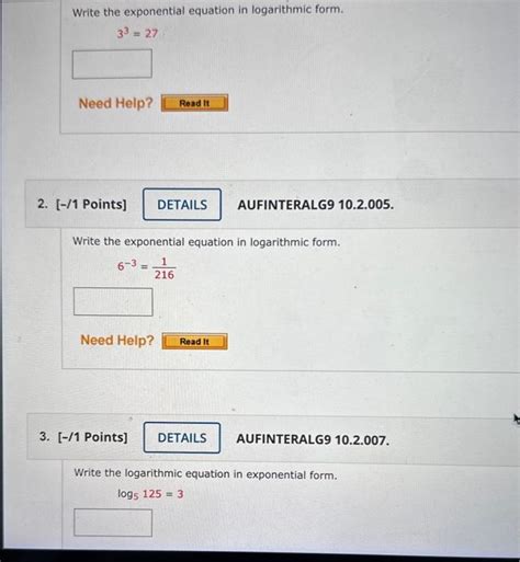 Solved Write The Exponential Equation In Logarithmic Form