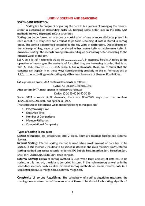 Data Structure Unit 11 Searching And Sorting Unit Iv Sorting And