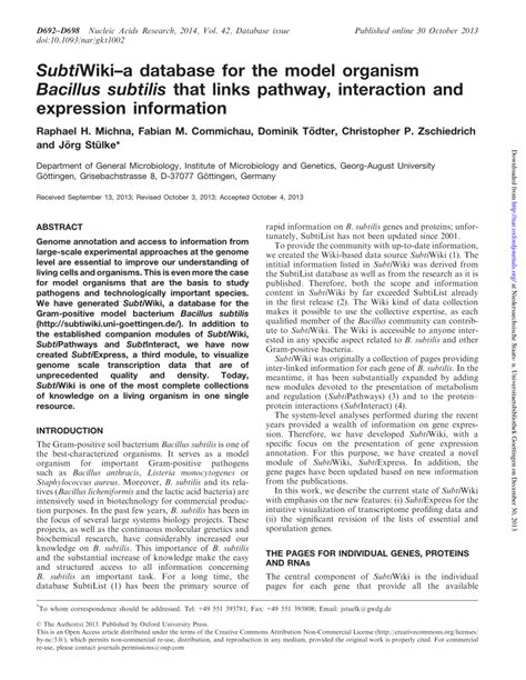 Pdf Subtiwiki A Database For The Model Organism Bacillus Subtilis