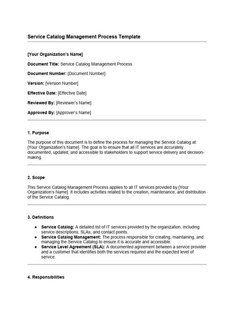 Service Catalog Management Process Template Pdf Service Level Agreement Usability
